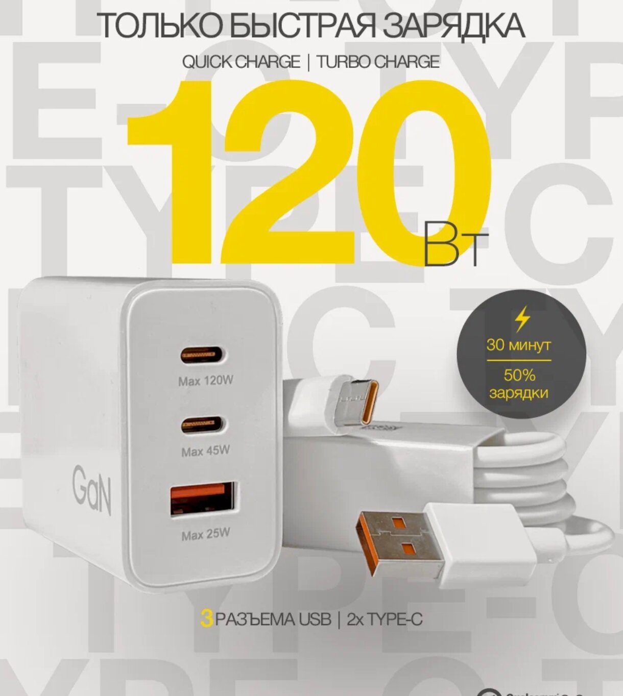Зарядник для xaomi USB-C, 120Вт, съемный кабель, защита от перегрева и перенапряжения