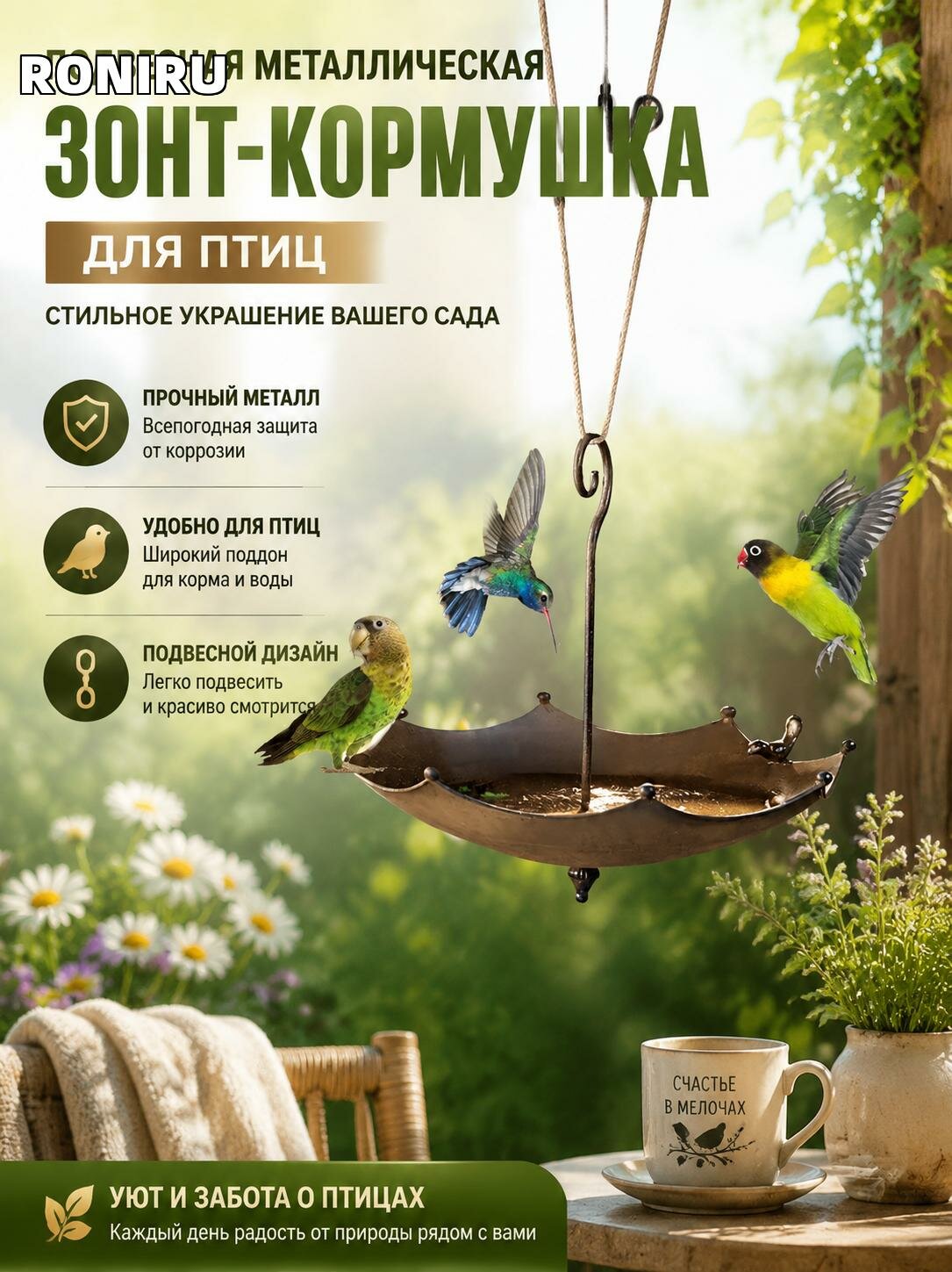Подвесная металлическая зонт-кормушка для птиц с поддоном — декоративная кормушка для сада, террасы и патио стильно