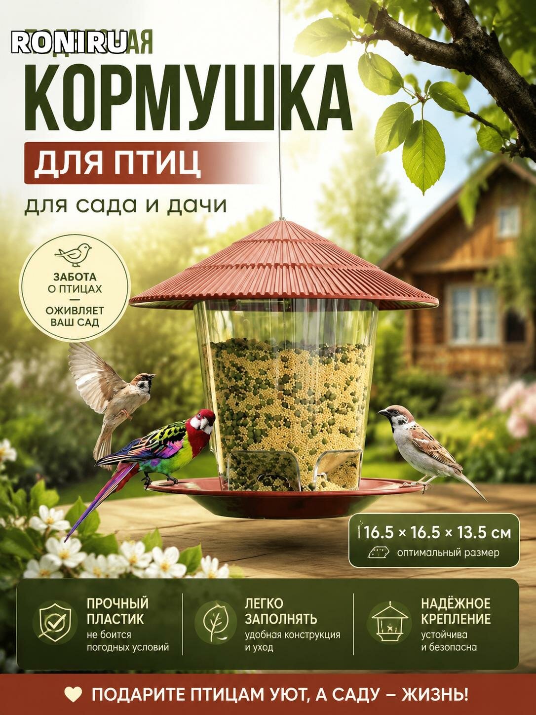 Подвесная пластиковая кормушка для птиц 16.5 х 16.5 х 13.5 см — уличная садовая кормушка для сада и дачи, в цвете