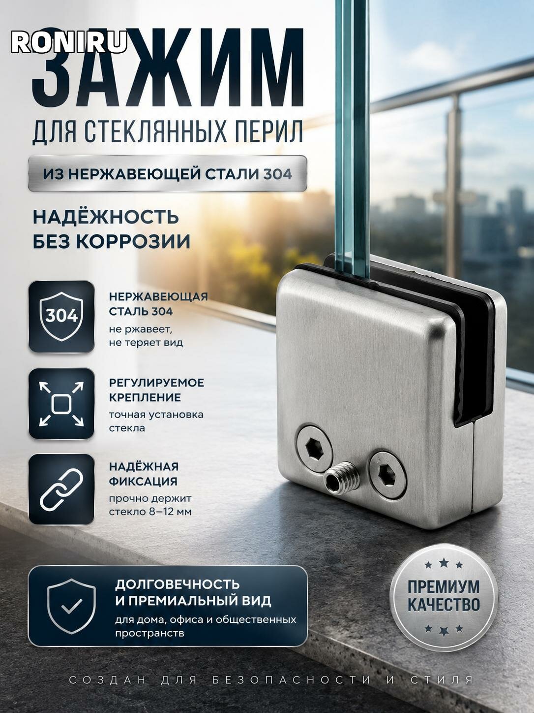 Зажим для стеклянных перил из нержавеющей стали 304, квадратный регулируемый крепёж для балюстрад без коррозии