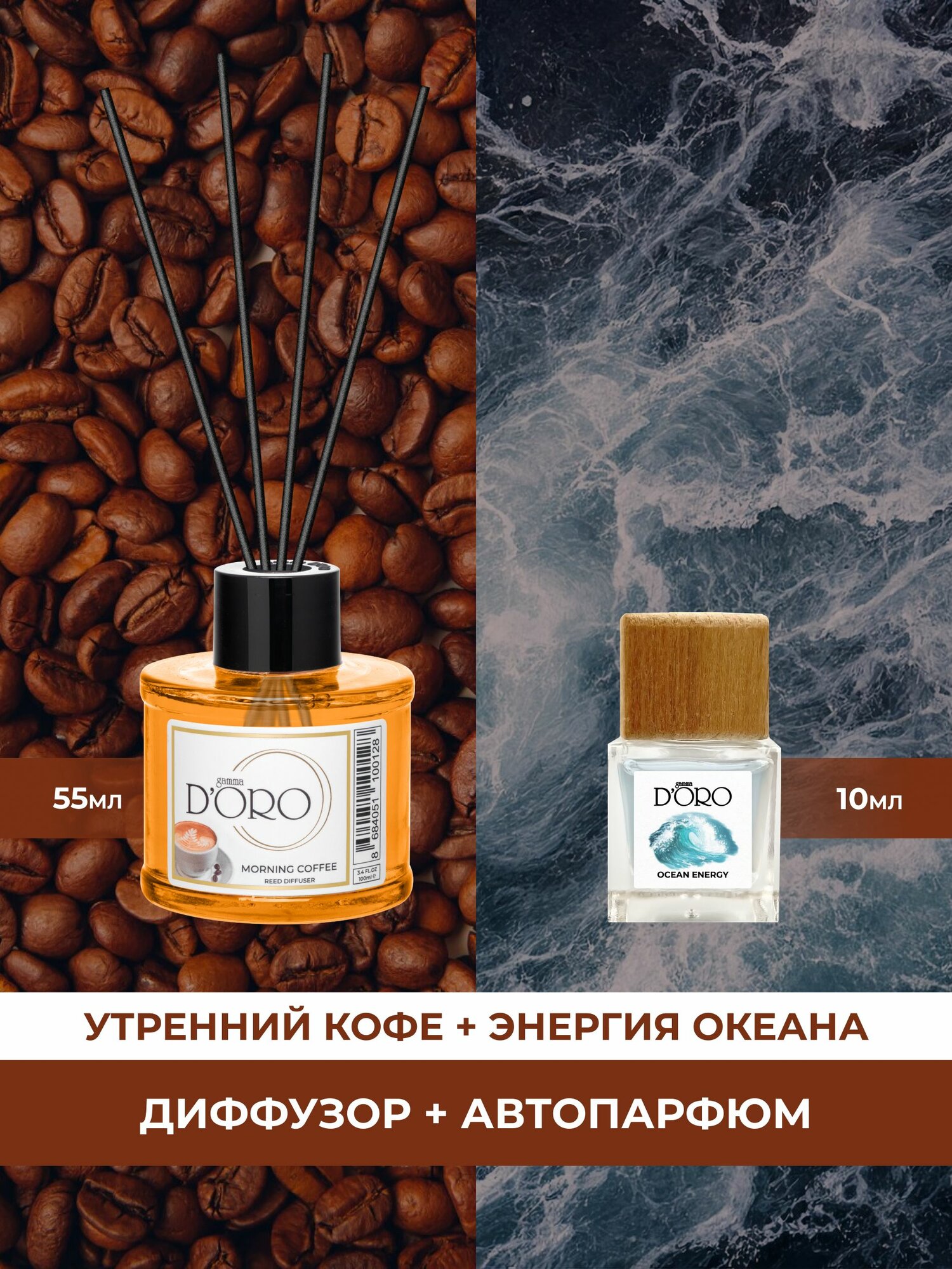 GAMMA D'ORO Подарочный набор диффузор ароматический для дома с палочками Утренний кофе и ароматизатор для автомобиля Энергия океана, 55 мл и 10 мл