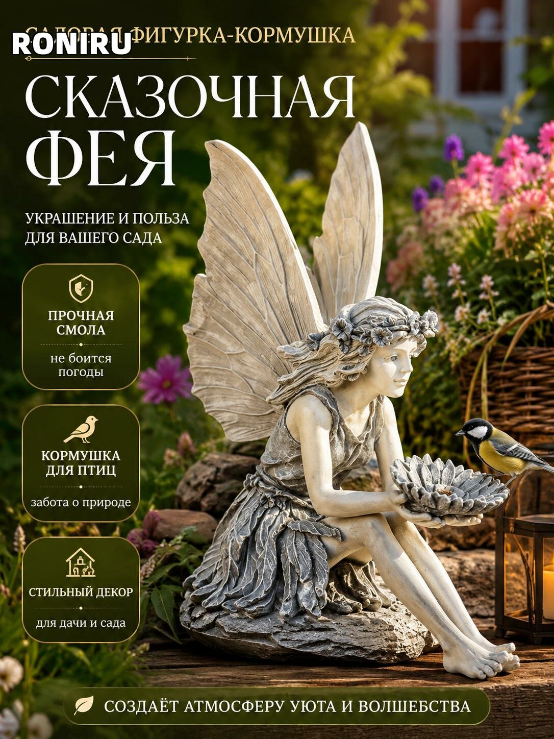 Садовая фигурка-кормушка для птиц из прочной смолы — стильное украшение для дачи, сада и ландшафтного дизайна