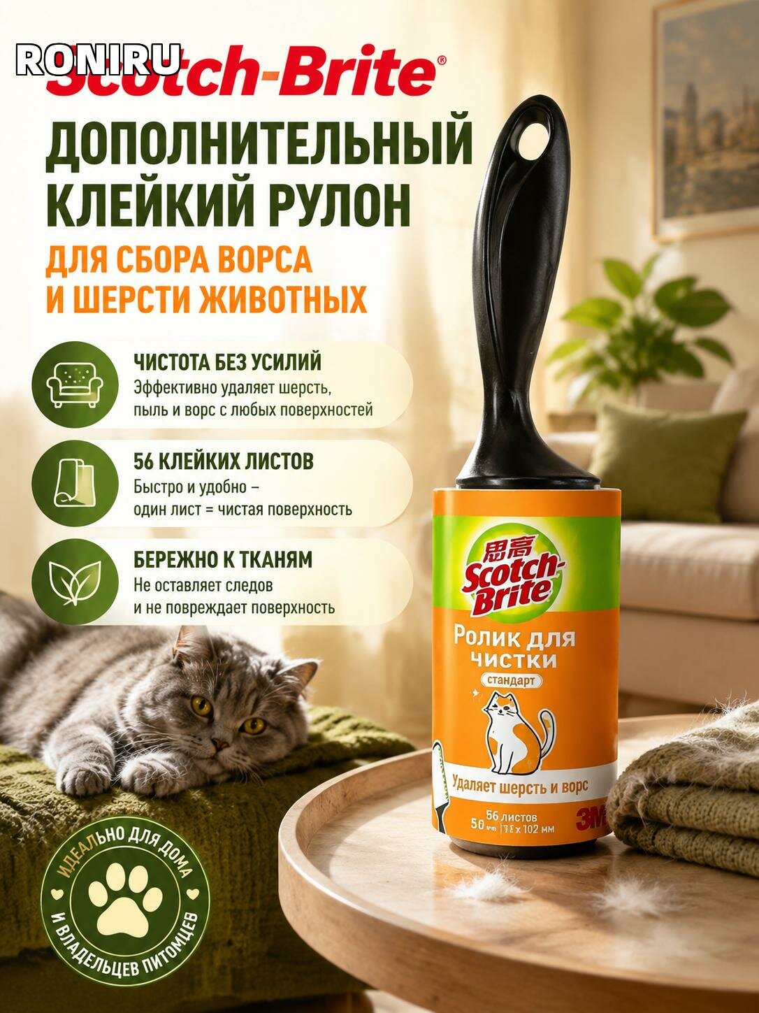 Scotch-Brite дополнительный клейкий рулон для сбора ворса и удаления шерсти домашних животных, 56 листов 176x102 мм