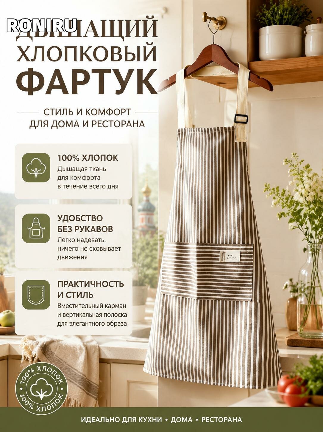 Дышащий хлопковый фартук без рукавов для кухни, с вертикальной полосой для комфорта и стильной работы дома и в ресторане