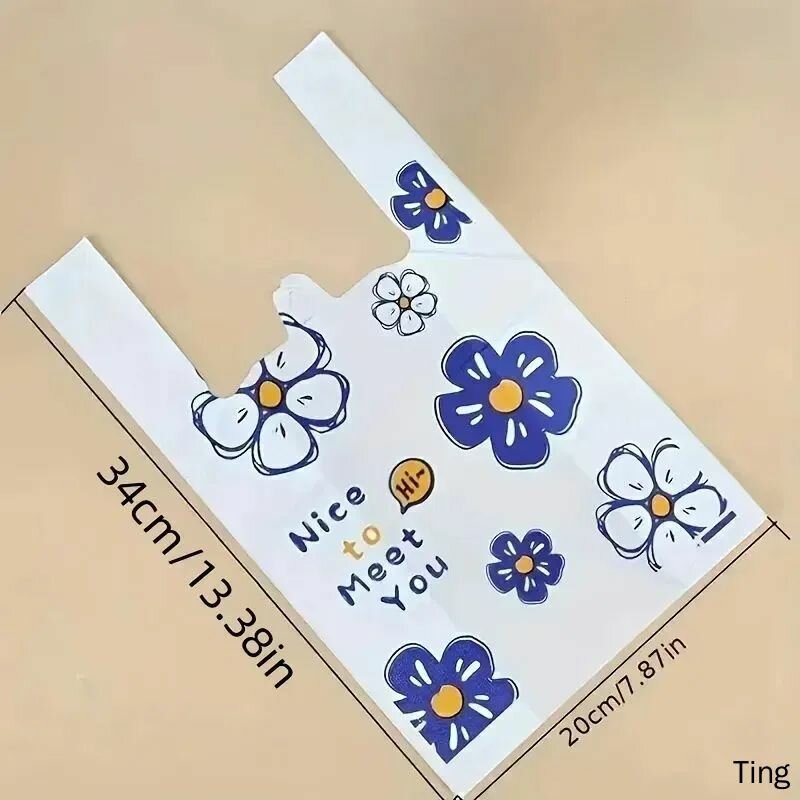 Пакет майка Ting, 50 шт, цветной дизайн с синими цветами, 24x38 см, для магазина, подарков, бытового использования — фото 1