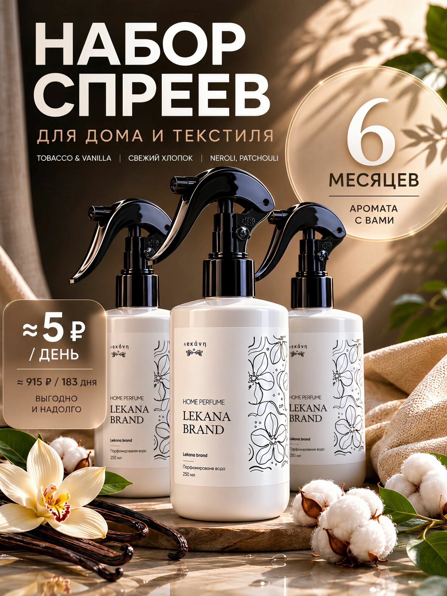 Освежитель воздуха набор 3 шт по 250 мл "Fresh Cotton + Tobacco&Vanilla + Patchouli&Neroli" для дома и туалета, ароматизатор и спрей для помещений и текстиля, освежитель воздуха ароматизатор спрей для