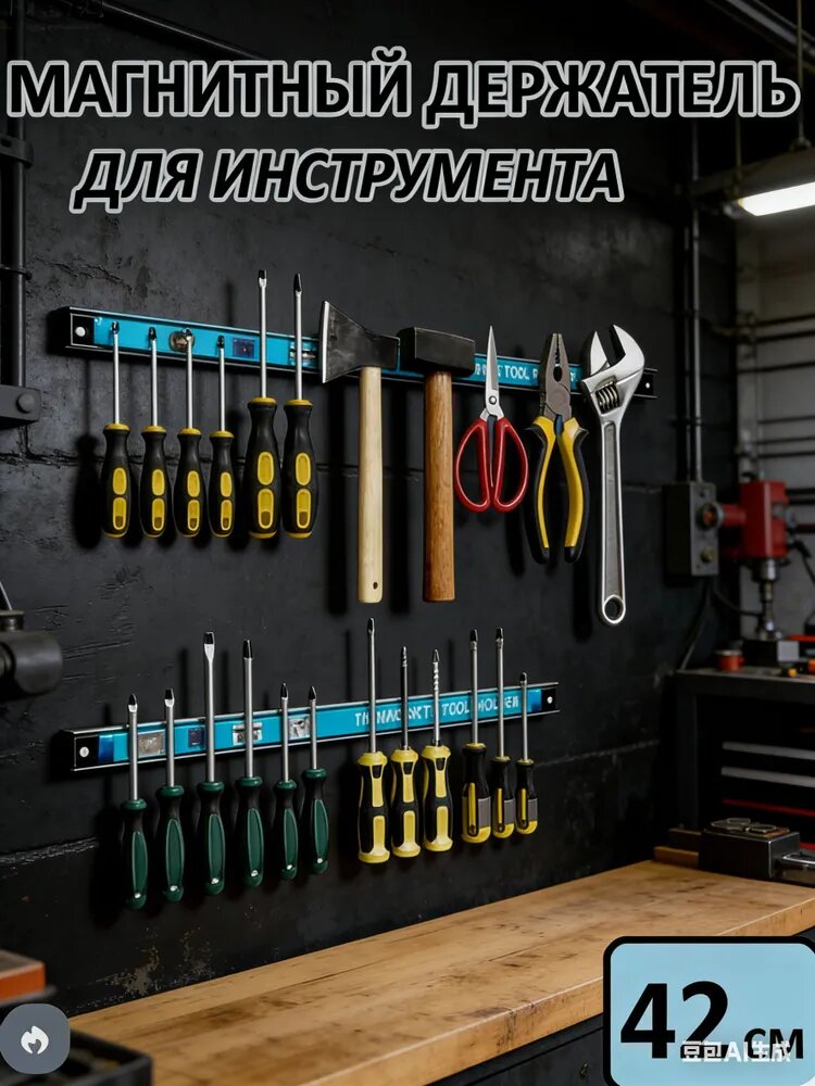 Магнитный держатель для инструмента, 42см: мощная ферритная лента для гаража и мастерской, органайзер на стену для ключей.