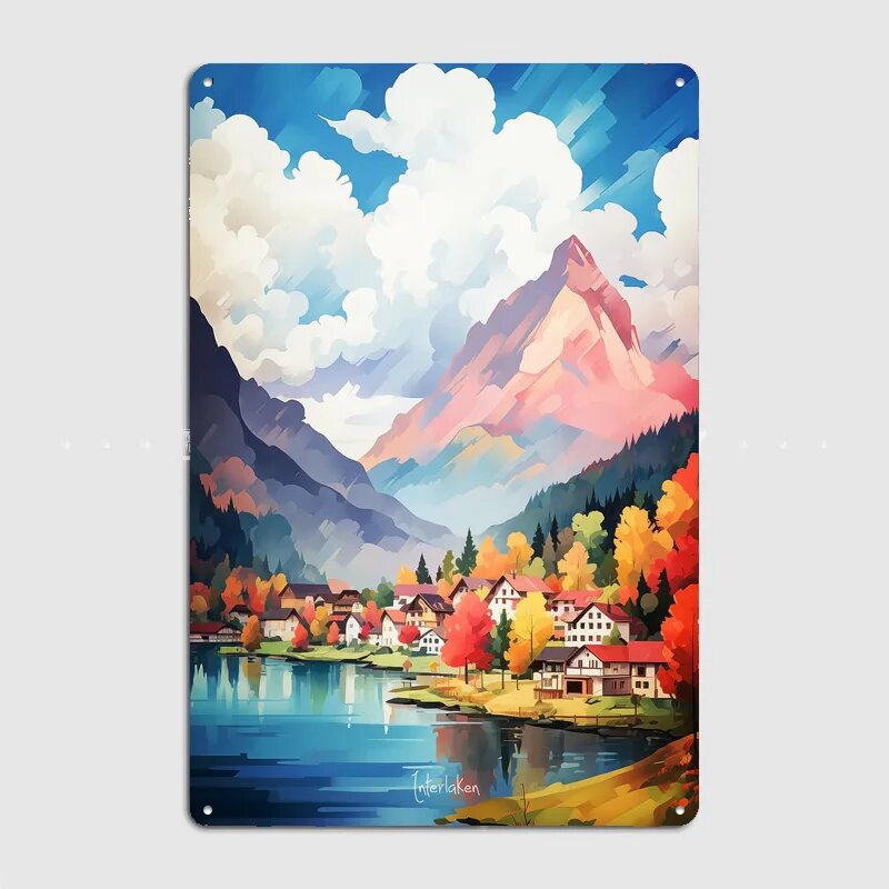 Металлическая табличка INTERLAKEN с ретро-постером «Пейзаж Интерлакена» 20X30см, As The Picture