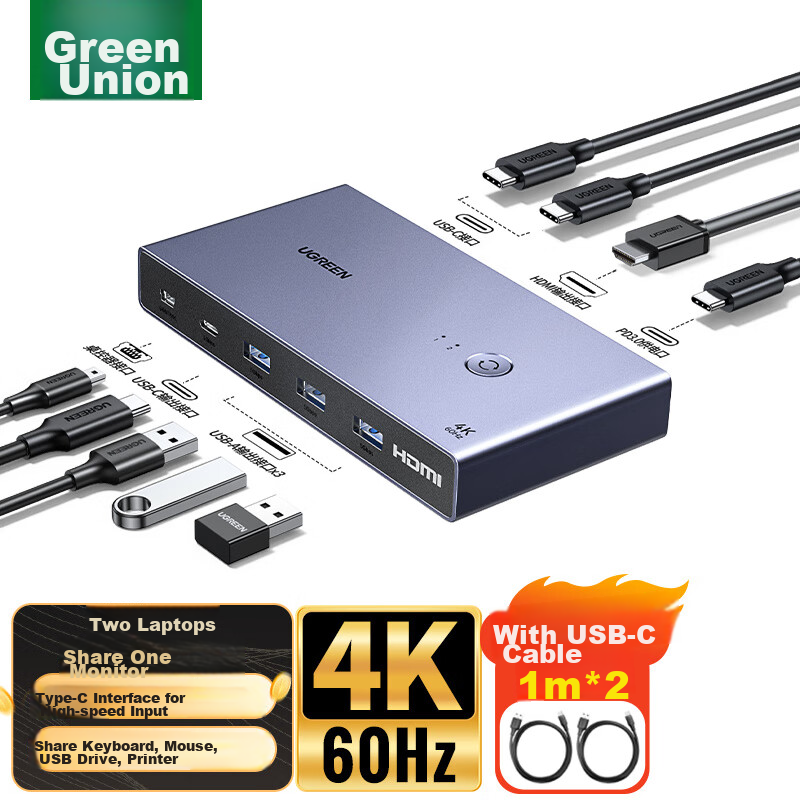 UGREEN HDMI 2.0 KVM переключатель 2-в-1 4K 60 Гц видео разветвитель с Type-C входом USB совместное использование для ПК