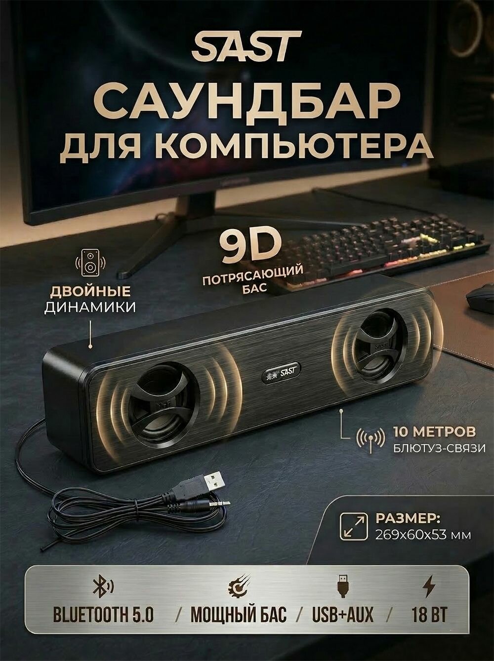 XIANKE SAST N18 Колонки для компьютера ноутбука / Саундбар для телефона, телевизора, подключение через USB, 18 Вт, Bluetooth, черный