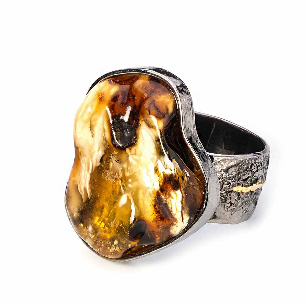 Кольцо, серебро, 925 проба, родирование, янтарь