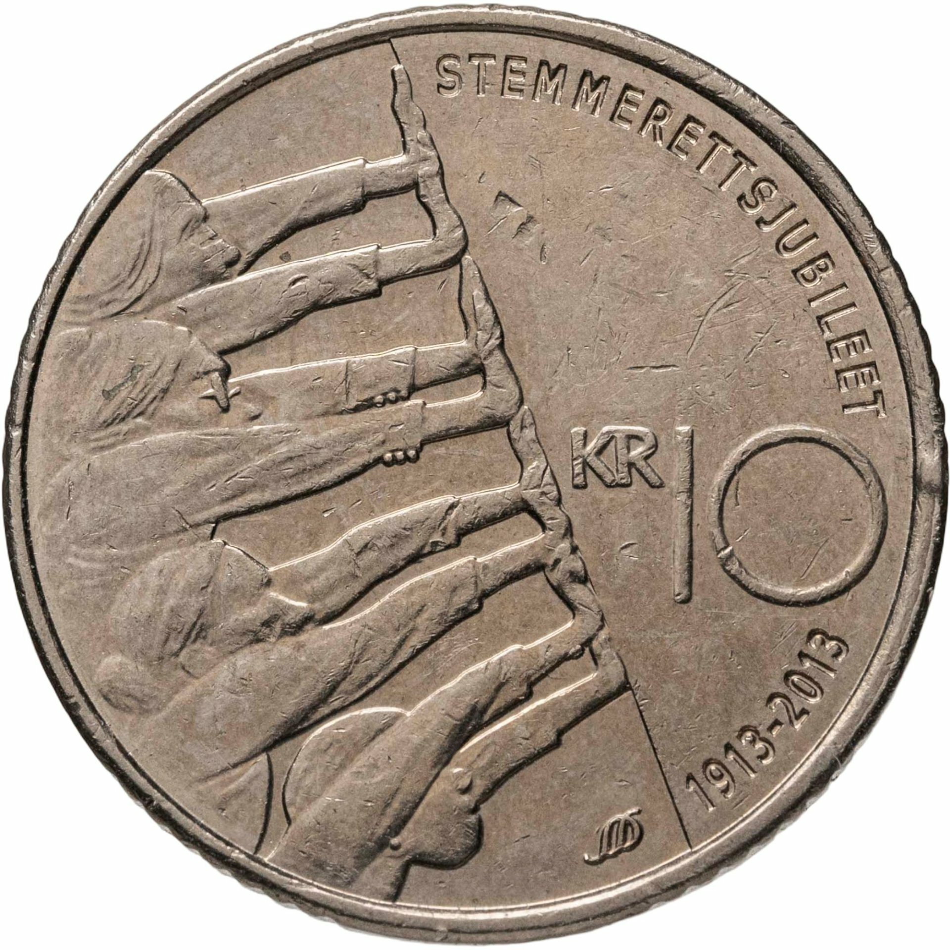 Норвегия 10 крон kroner 2013 "100 лет всеобщему избирательному праву", Латунь, в сохранности XF-AU