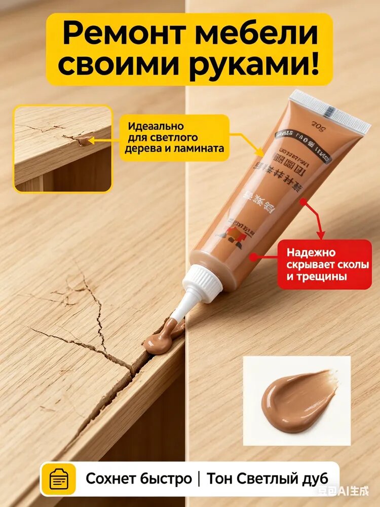 Набор для ремонта и реставрации мебели и ламината с маскирующей пастой 1 цветов для царапин, сколов и трещин. Подходит для ДСП МДФ дуба пола плинтусов и столешниц