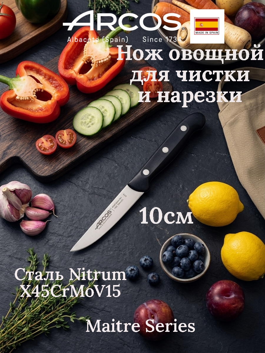 Нож кухонный профессиональный овощной 10см ARCOS Maitre, для чистки, Испания