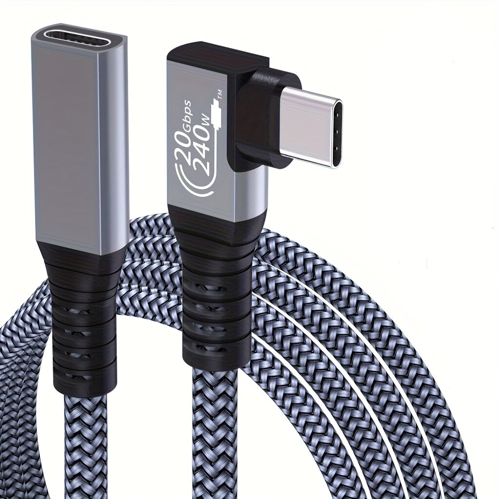 USB 3.2 угловой 90° удлинительный кабель 0.3 м, серый, USB-C удлинитель M-F, поддержка 20 Гбит/с, быстрая зарядка 240 Вт, для iPhone 15 Pro Max, Macbook, Dell XPS, Thunderbolt 4