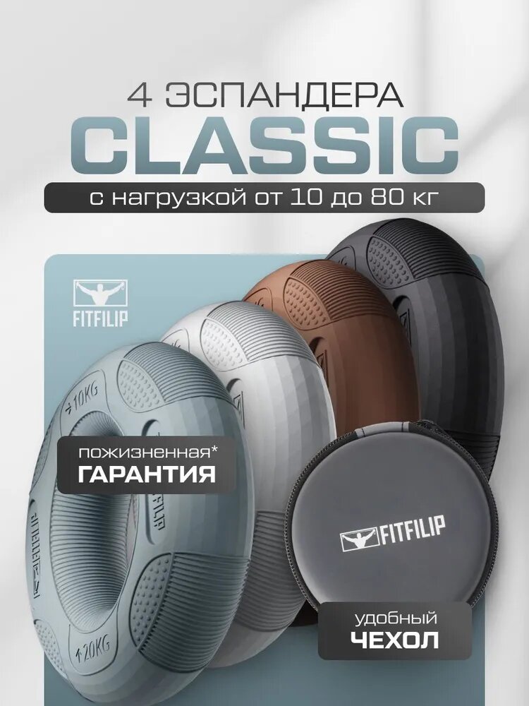 Полный набор кистевых эспандеров Classic, 10-80кг (4 шт), кейс в комплекте