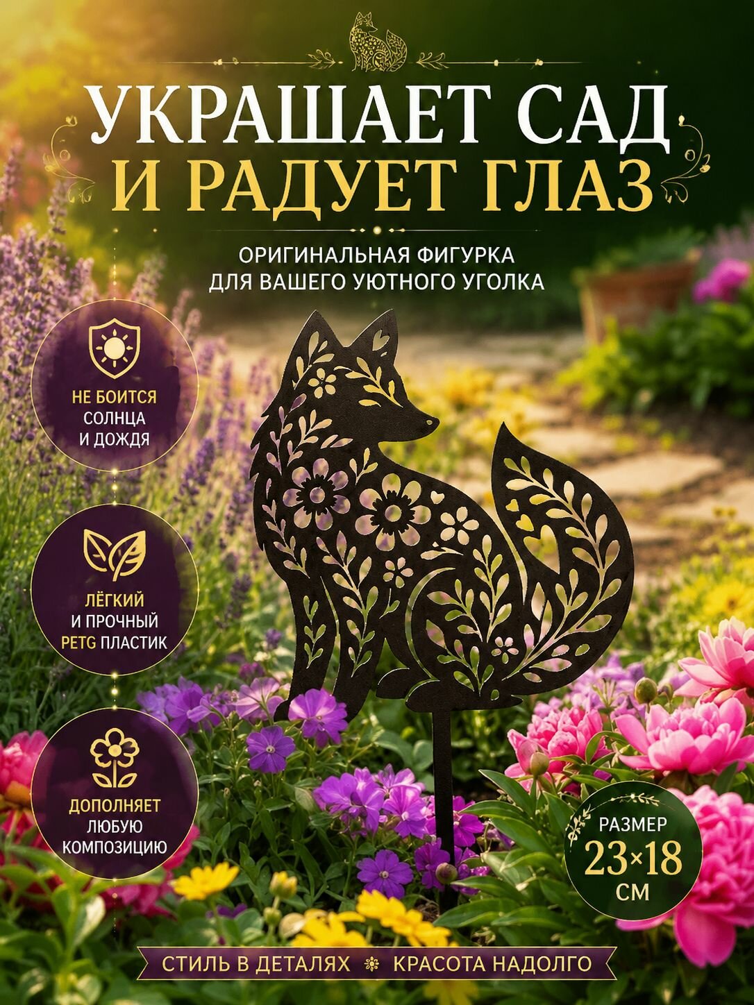 Садовая фигурка Лиса, цвет черный, материал PETG, со штекером