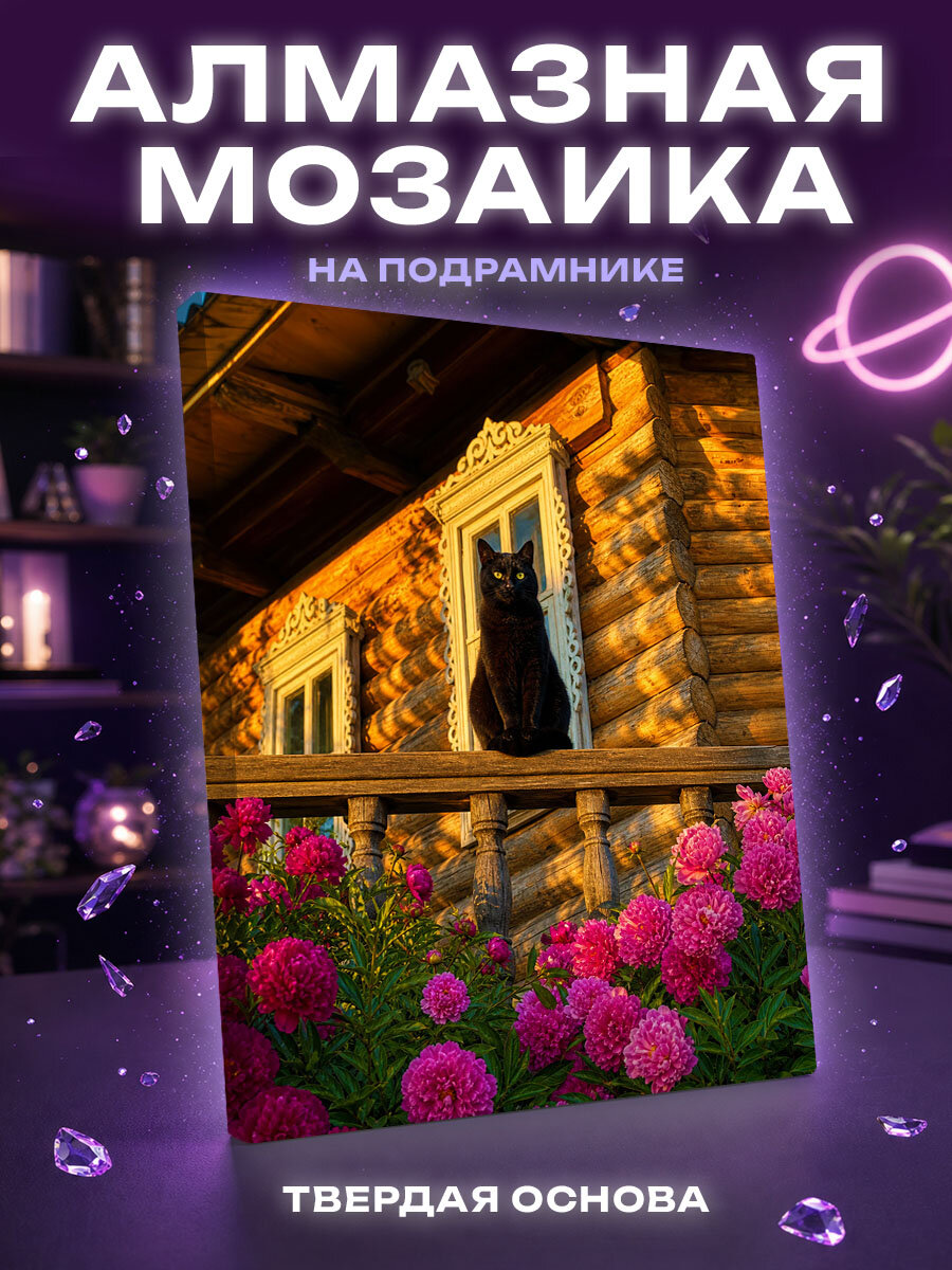 Алмазная мозаика Черный кот у часовни