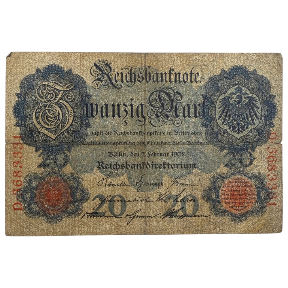 Германская империя (Германия) 20 марок 1908 г. (Литера A) (Серия D)