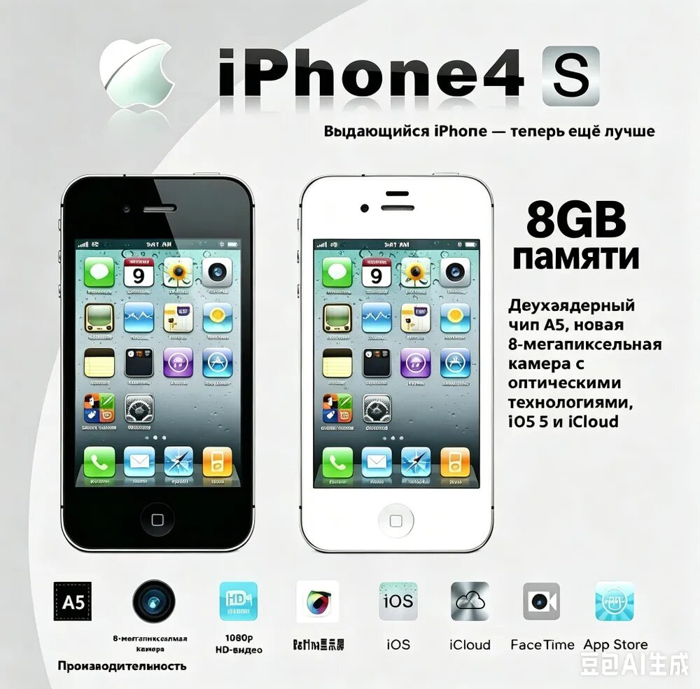 Смартфон iPhone 4S, 8 ГБ память, A5 чип, белый, iOS 5, 8 МП камера с автофокусом