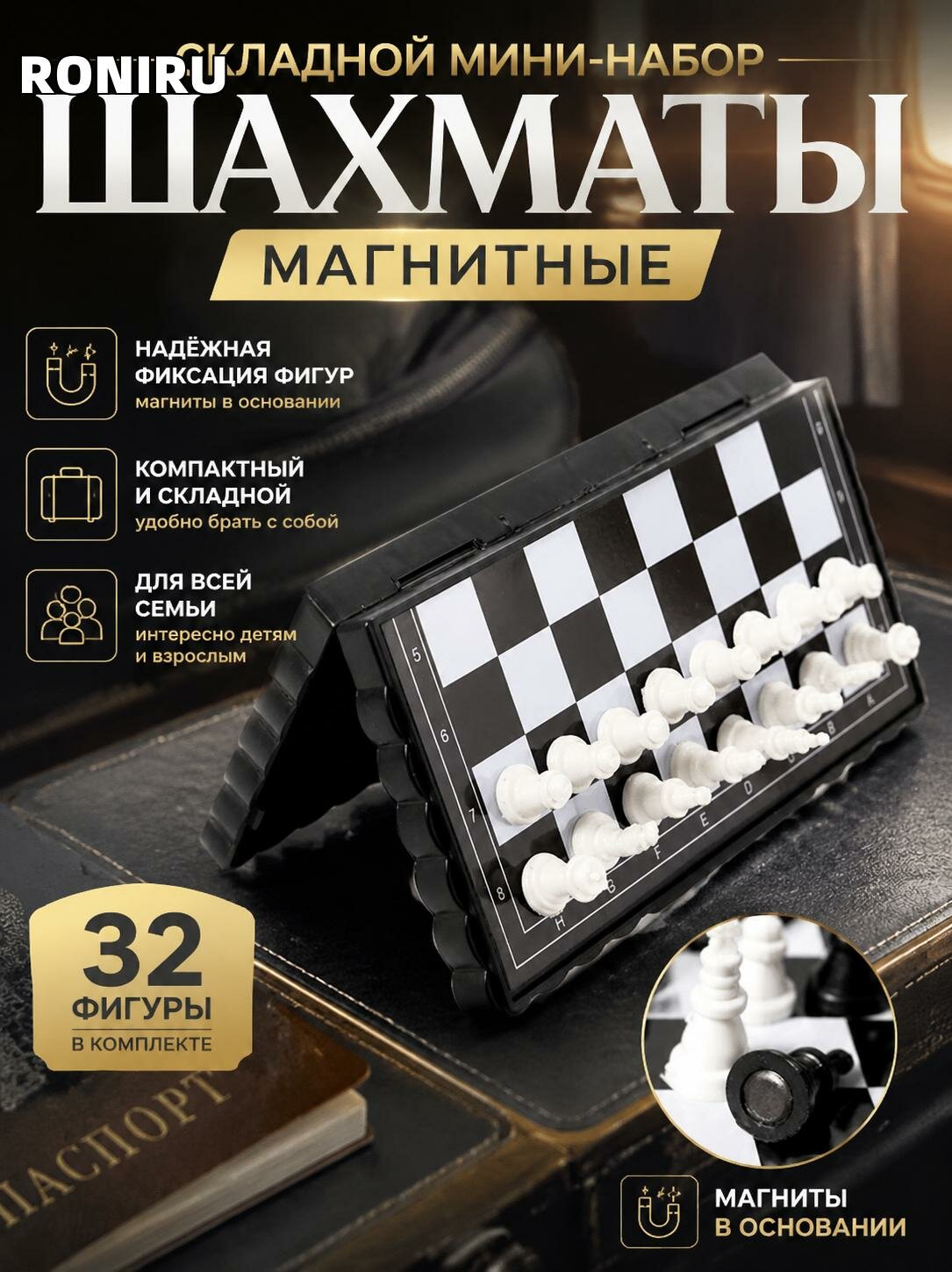 Складной мини-набор шахмат из магнитного пластика — портативная доска с 32 фигурами для поездок и семейных игр