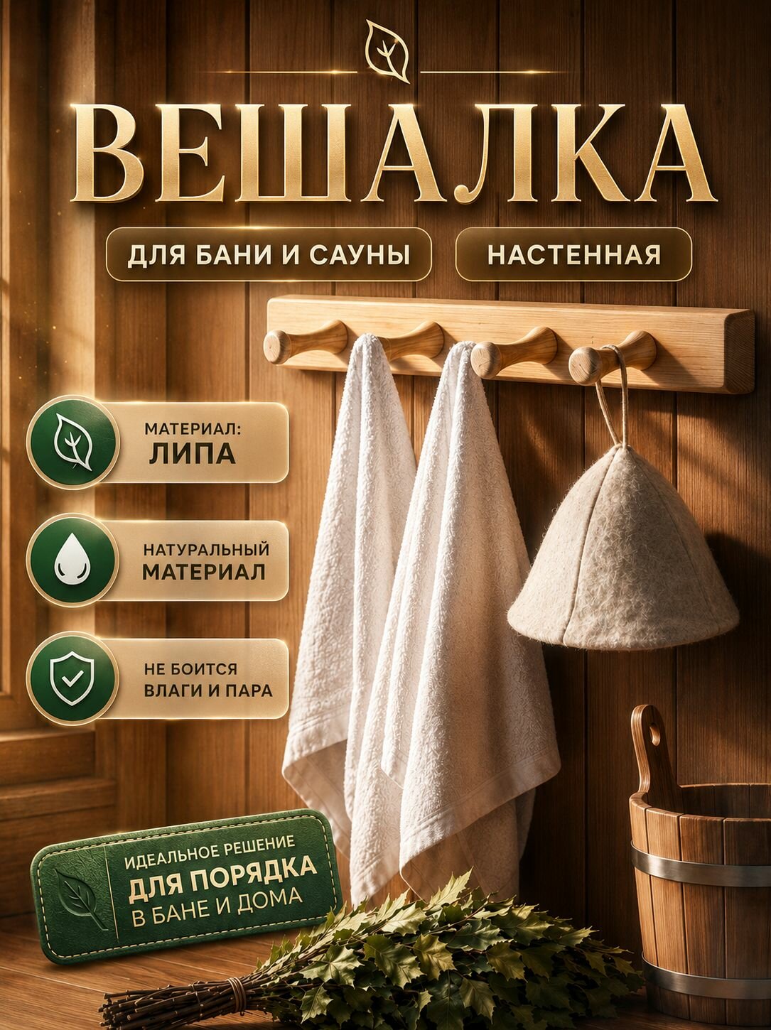 Вешалка для бани деревянная 4 рожка для сауны 4 крючка