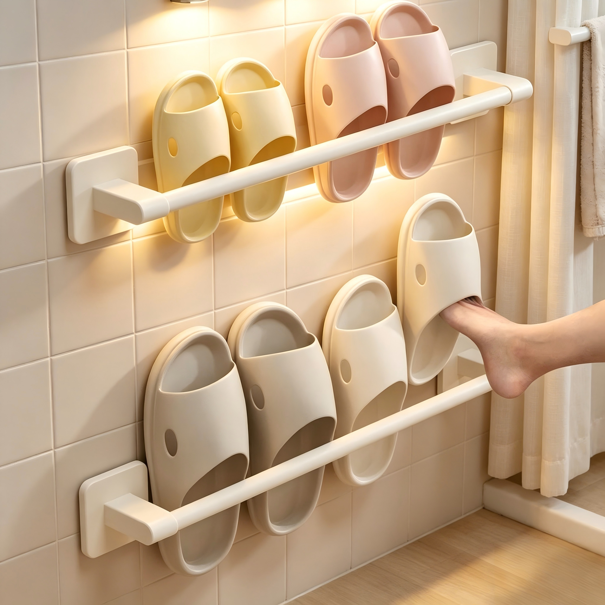 Huxiansen Milk White Bathroom Slipper Rack, Toilet Door Back Wall-Mounted Shoe Storage Organizer, No Drilling Required