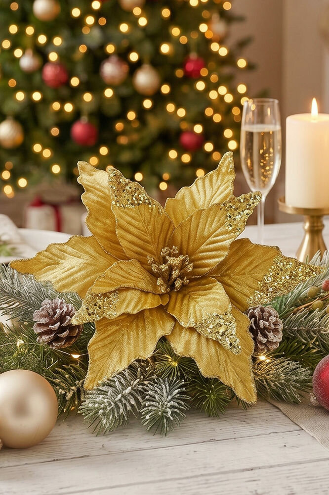 Пуансеттия веллия на клипсе, полиэстер, золотая, 28 см, Кристмас Делюкс (Christmas Deluxe) 87298