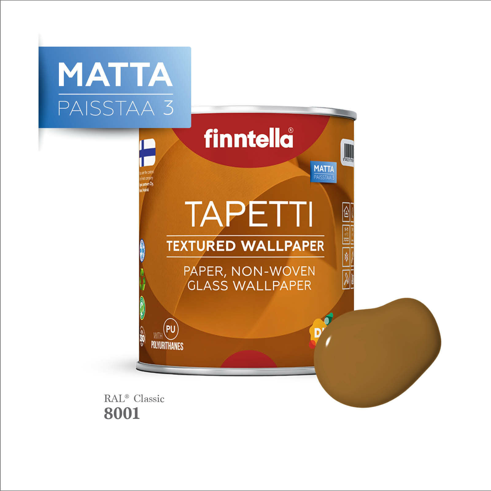 Матовая краска для обоев под окраску TAPETTI Matta FINNTELLA, Цвет RAL 8001 Охра коричневая (Ochre brown), 0,9л
