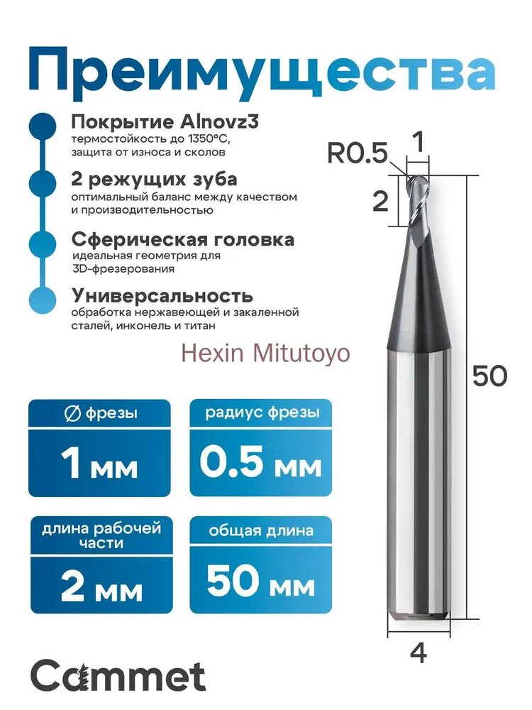 Твердосплавная фреза радиусная D1*R0.5*C2*P70*d4*Z2*L50 сферическая по стали 1мм, монолитная для ЧПУ повышенной твердости