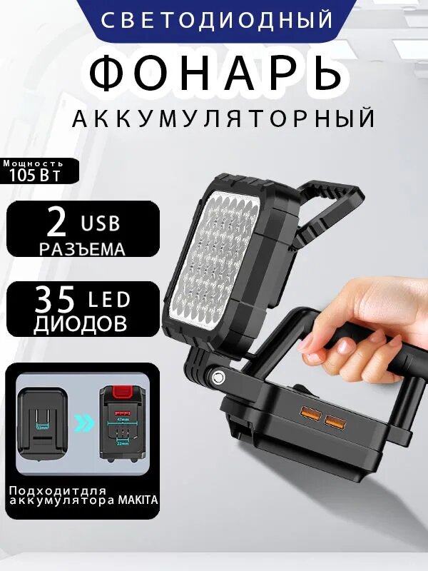 Светодиодный рабочий фонарь-прожектор для аккумуляторов Makita 18V с USB-зарядкой и ручкой Переносная LED лампа для стройки, гаража и кемпинга
