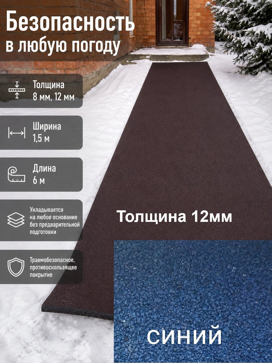 Покрытие рулонное из резиновой крошки, 1500ммx6000ммx12мм, цвет синий