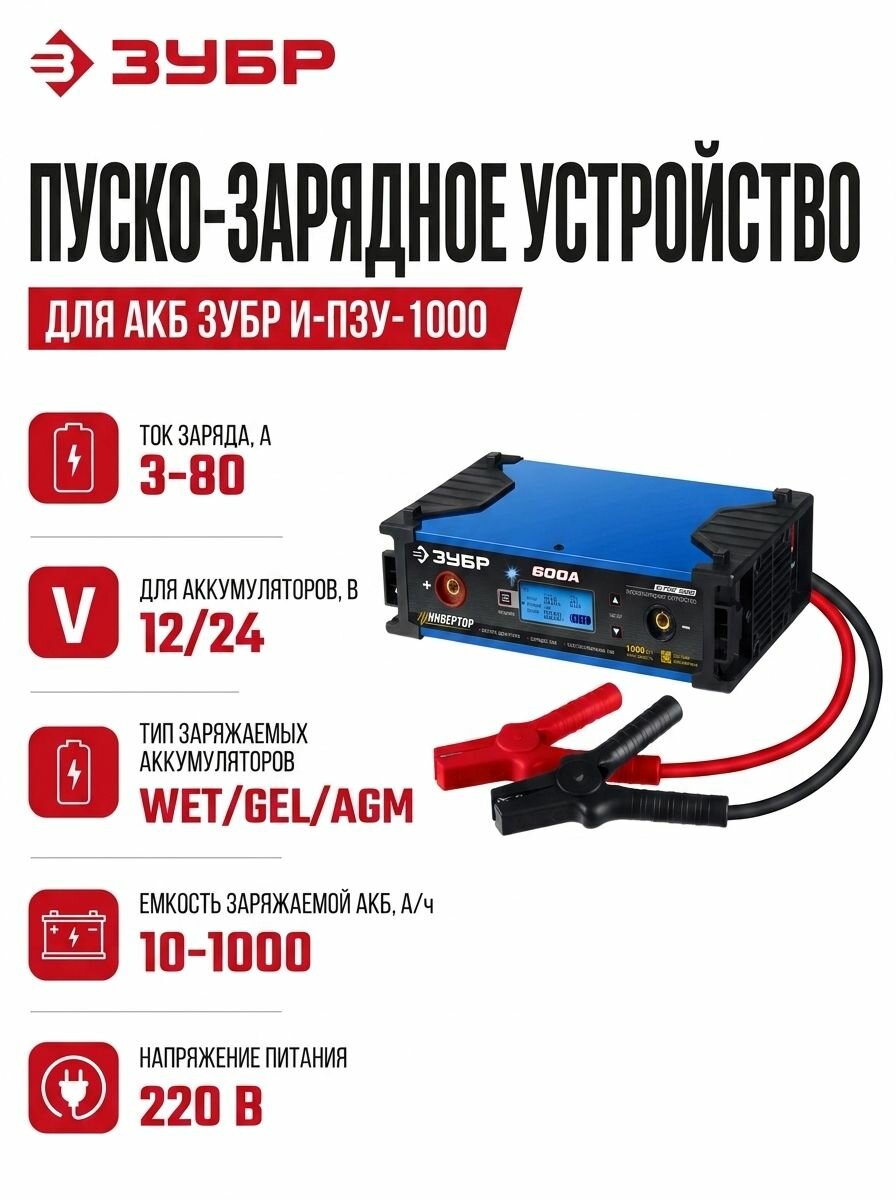Инверторное пуско-зарядное устройство ЗУБР И-ПЗУ-1000 59325
