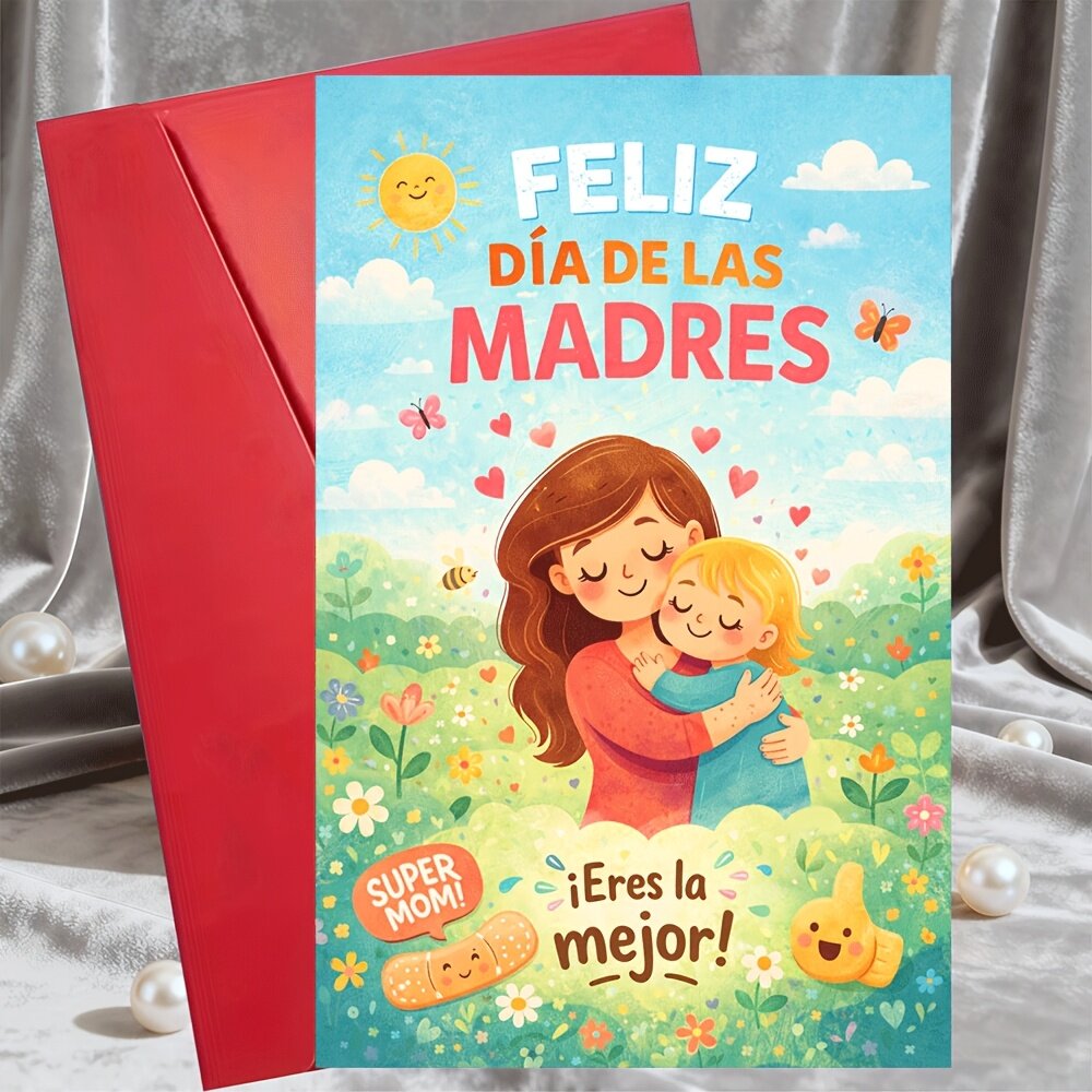 Поздравительная открытка с красным конвертом ко Дню матери "Feliz Dia De Las Madres" с цветочным дизайном