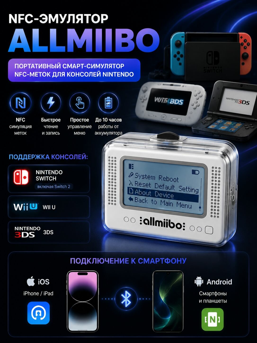 Портативный смарт-симулятор NFC-меток Allmiibo для Nintendo Switch, Wii U и 3DS
