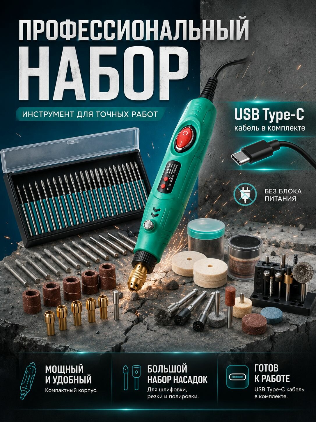 Мини-дрель (гравер) / шлифовальная машинка с большим набором насадок для гравировки, резки, шлифовки и полировки (USB-Type-C кабель в комплекте, без БП) (Д)