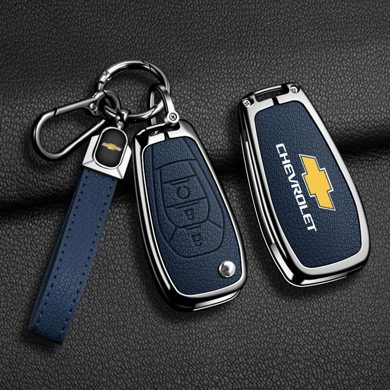 Чехол для ключа-брелока Chevrolet C-Series 3-кнопочный с синей текстурой овечьей кожи и шнуром A09 с креплением для