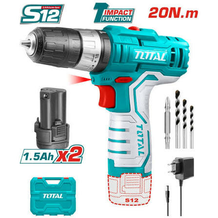 Дрель-шуруповёрт Total TIDLI12201, 12В, в кейсе, 2 аккумулятора, 2 скорости