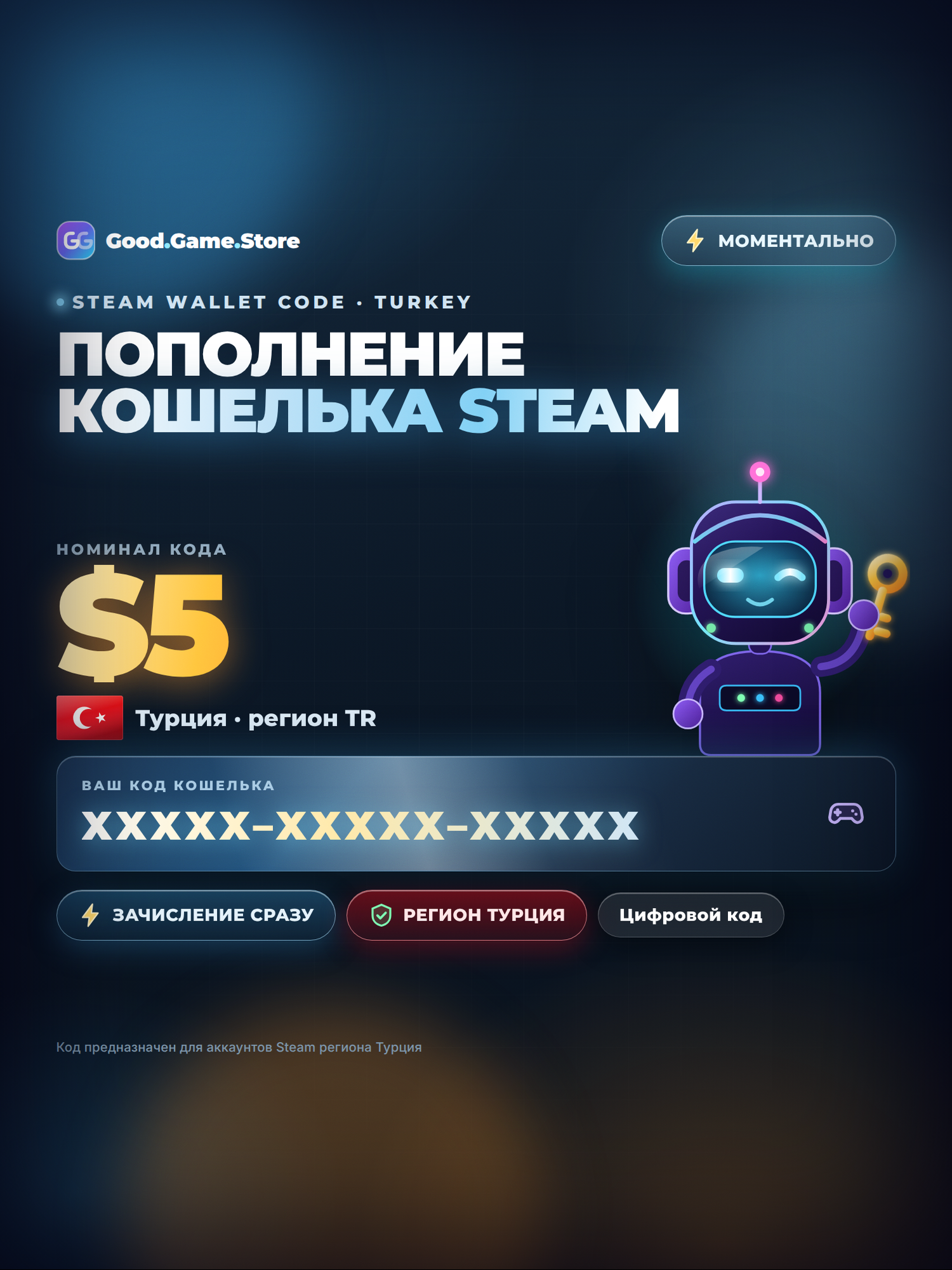 Пополнение кошелька Steam / Подарочная карта Steam Wallet / 5 USD / Турция / Оригинальный код