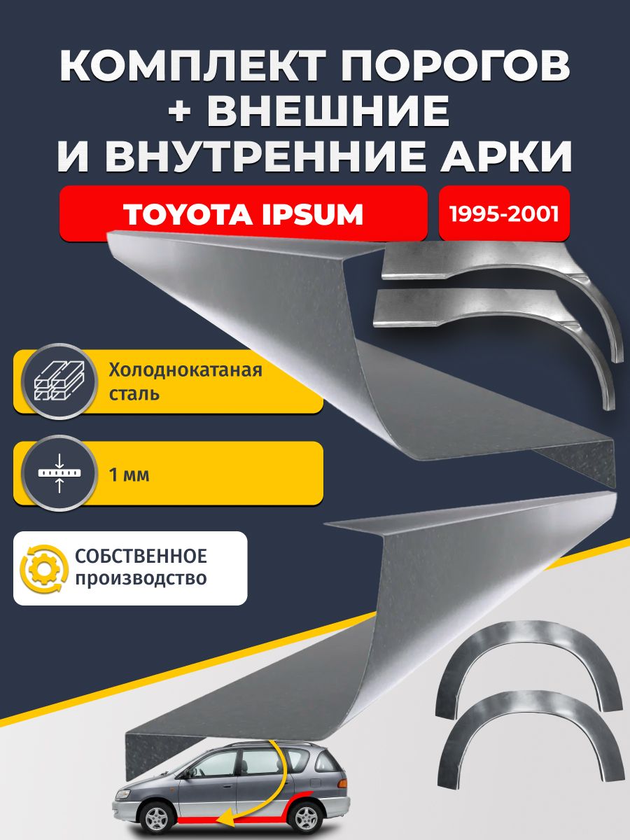 Комплект ремонтных задних внешних и внутренних арок (0,8 мм) + комплект стандартных ремонтных порогов , на Toyota Ipsum 1995-2001 (Тойота Ипсум 1) Холоднокатаная сталь 1 мм