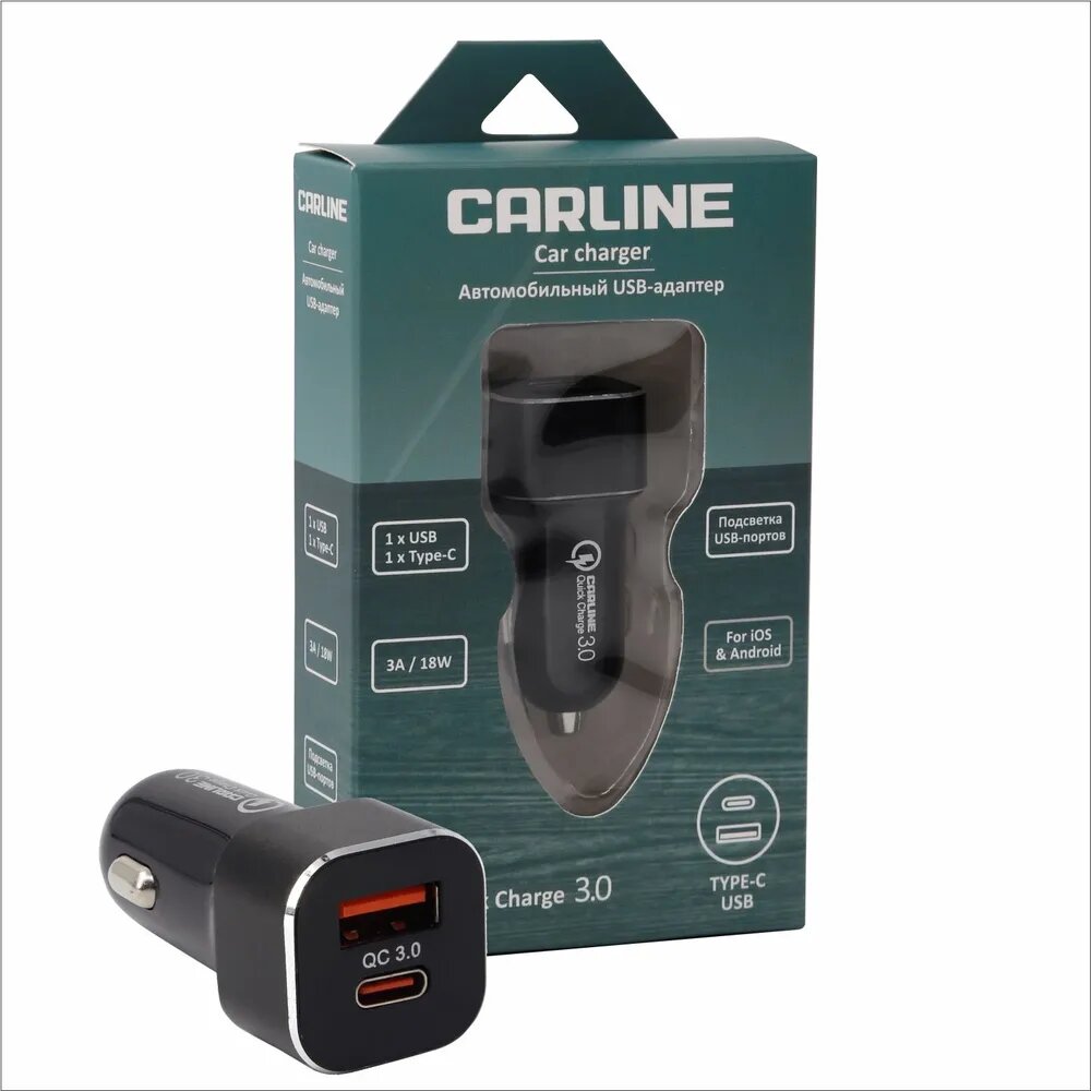 Автомобильный адаптер CARLINE 2хUSB (USB QC 3.0 + PD Type C), в прикуриватель 12/24 В, цвет черный, упаковка коробка CH-2U-TC