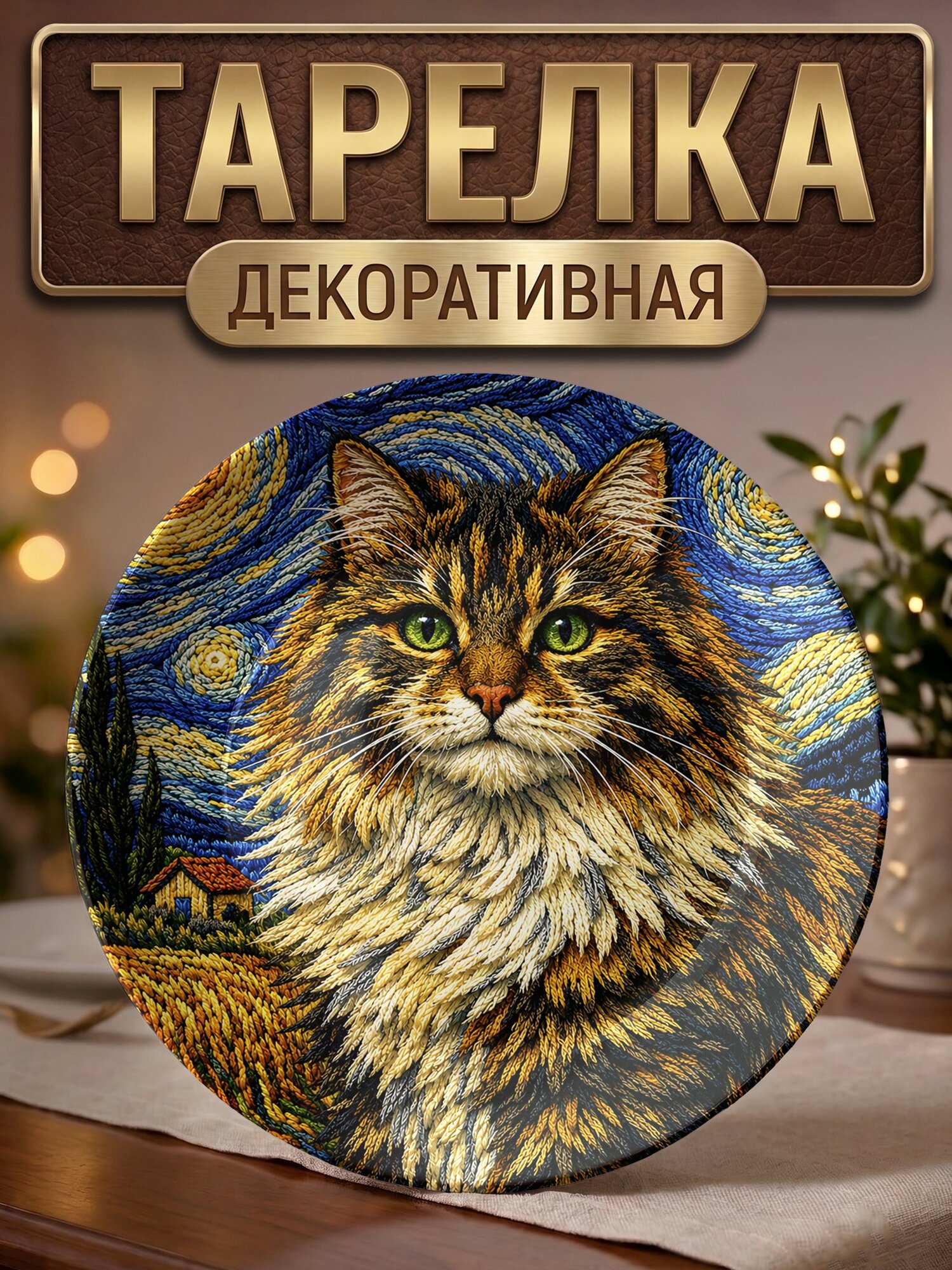 Тарелка декоративная Кошки Ван Гог Звездрая ночь Сибирская кошка