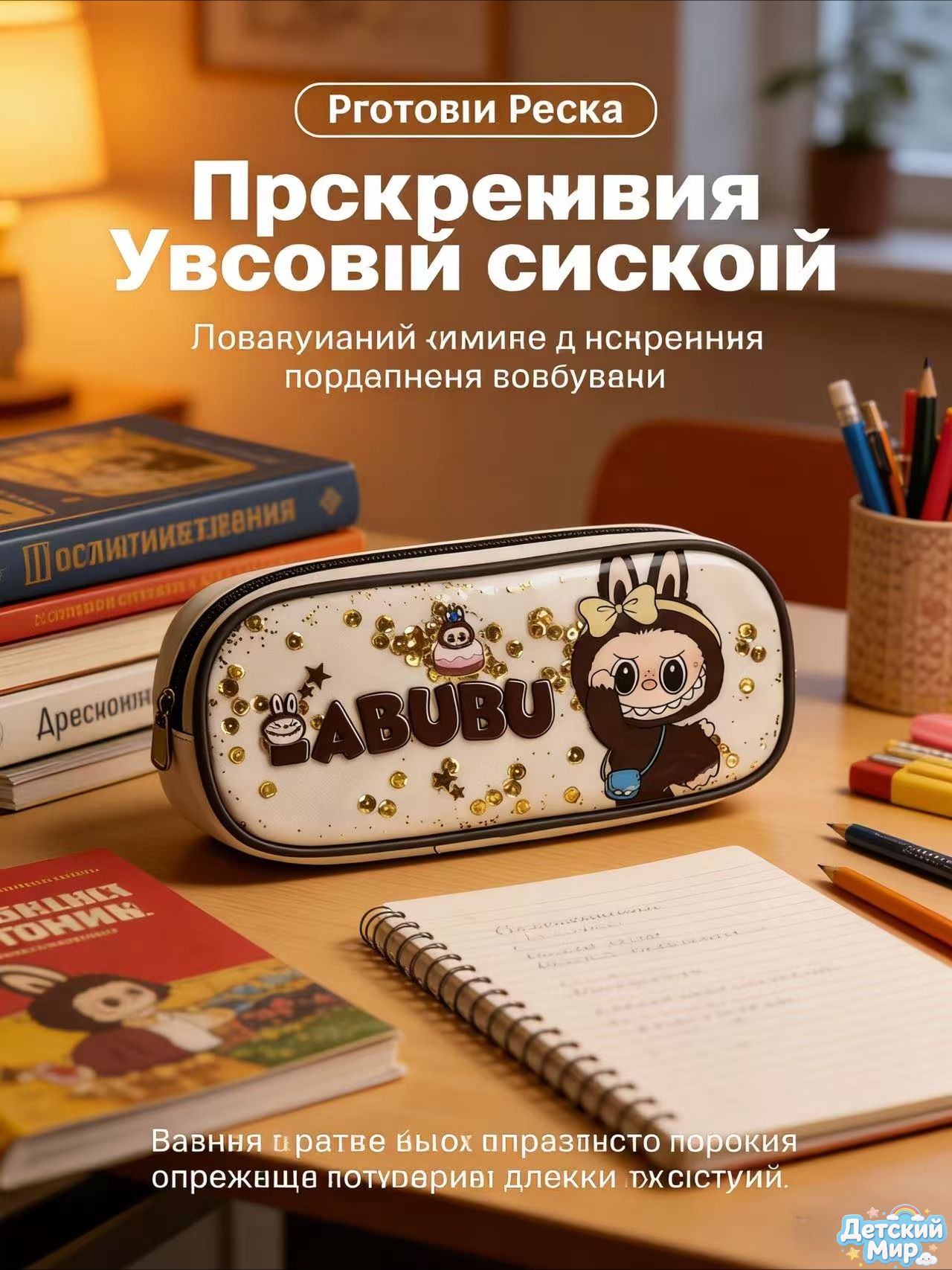 Школьный пенал с принтом милого персонажа Labubu для хранения школьной канцелярии — фото 1