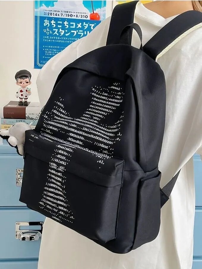 Y2K Рюкзак, Тканевый школьный рюкзак в стиле y2k, Черный, Нейлон, 41x31x12 см — фото 1