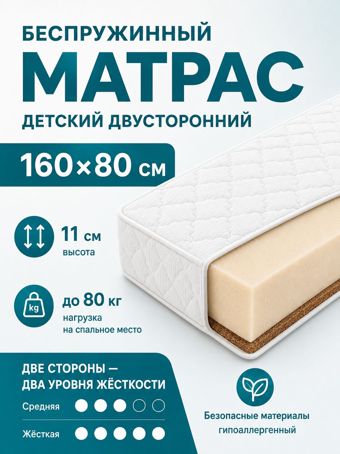 Матрас подростковый 160x80 см, детский, ортопедический, наполнитель пена DreamTex/кокосовая койра, двусторонний.