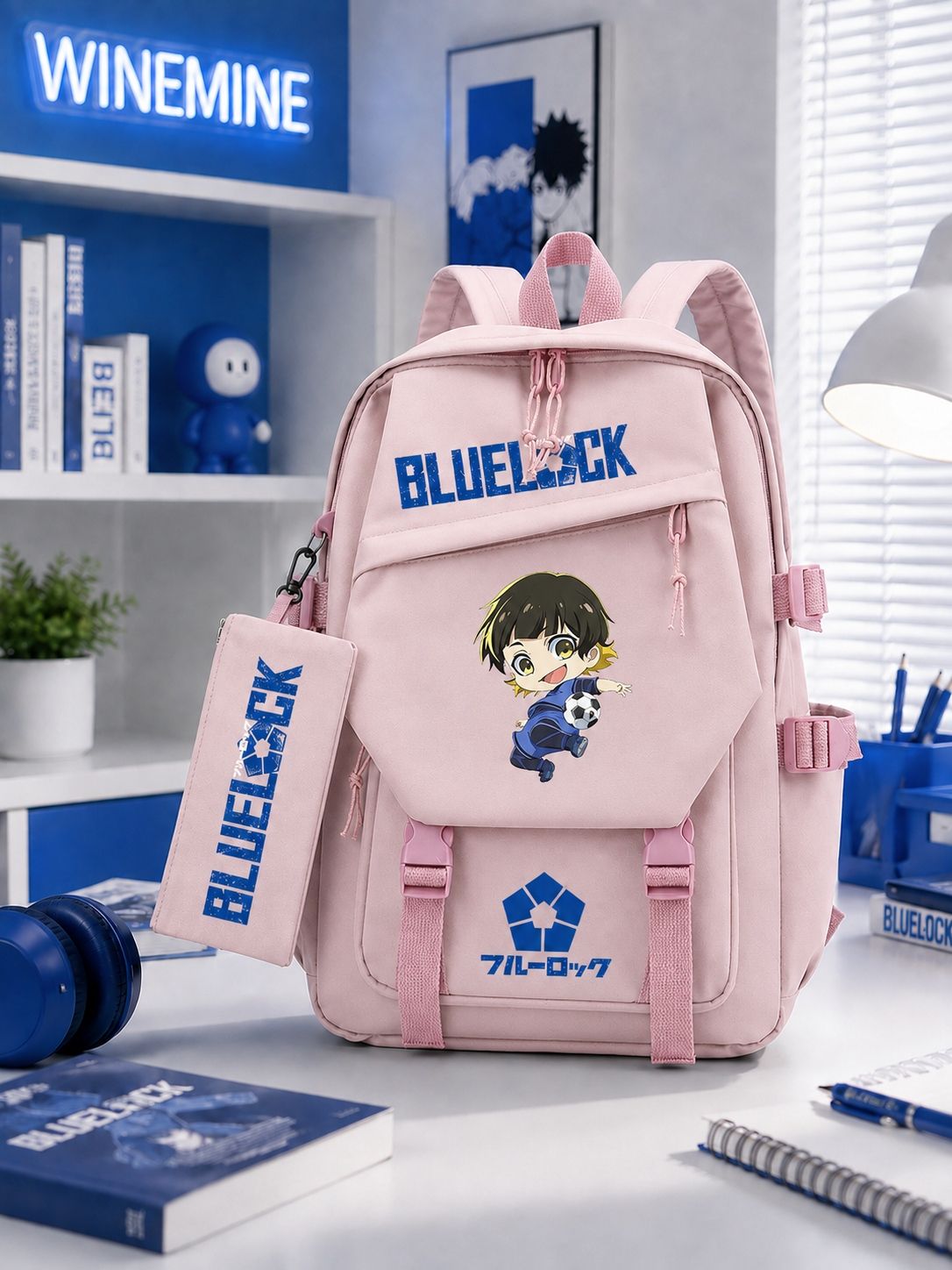 Подростковый рюкзак Blue Lock с пеналом, вместительный, голубой или черный, с аниме-принтом для учебы и повседневного использования