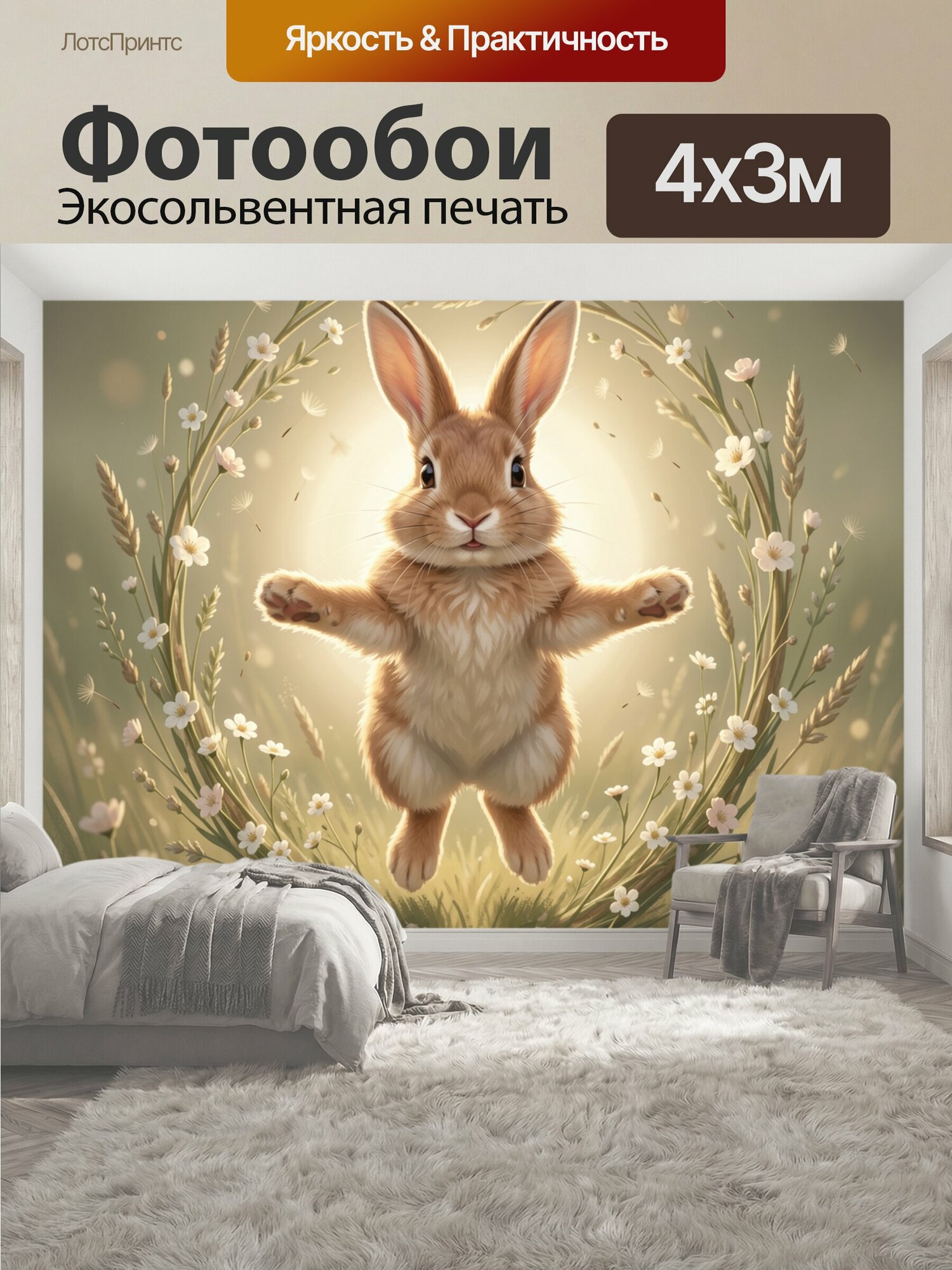 Фотообои "Пушистый зайчонок в цветочном венке. Милый кролик с распахнутыми лапками в сиянии мягкого света, вокруг нежный венок из полевых трав." 400x300 см. экосольвентная печать