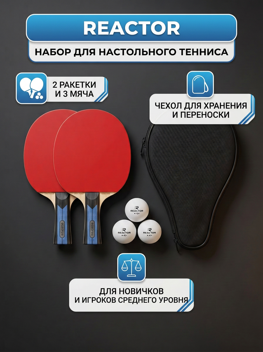Набор для настольного тенниса в чехле, REACTOR, 2 ракетки, 3 мяча, чехол, TT KIT2R3B
