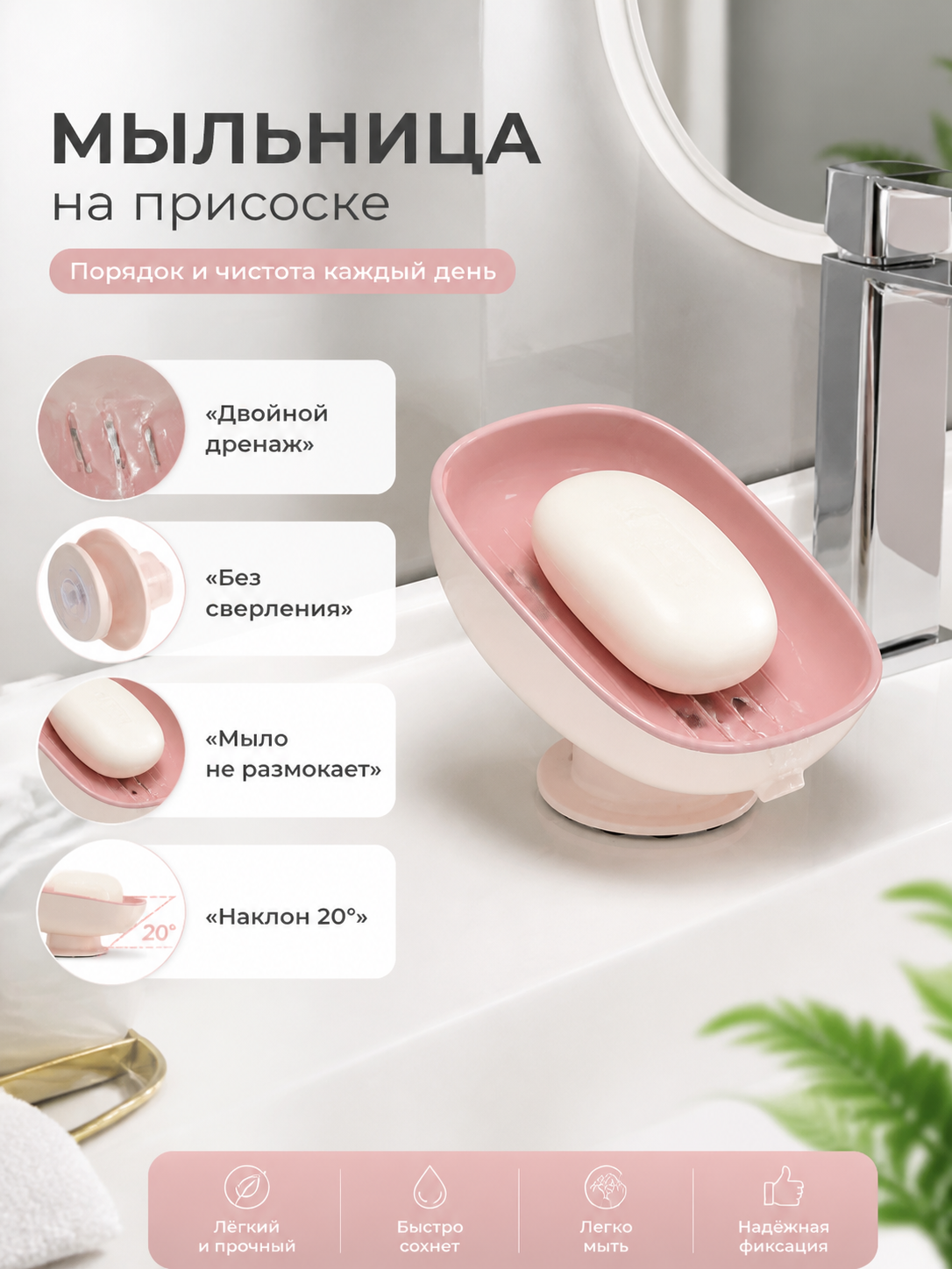 Мыльница на присоске для ванной, настольная мыльница со сливом без сверления, стильная розовая подставка для мыла