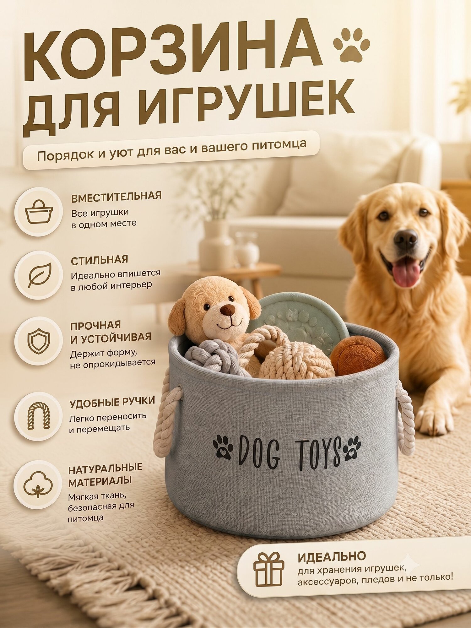 Корзины для игрушек для маленьких, средних и больших собак, серые